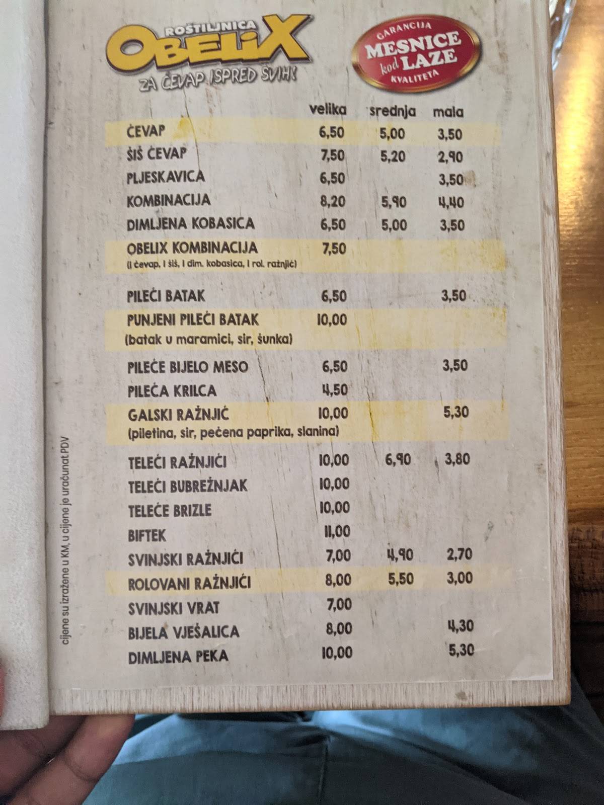 Menu at Obelix restaurant, Banja Luka