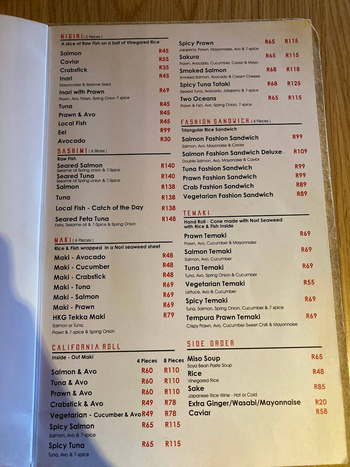 Menu at Oceans 8 Seafood & Sushi Somerset West restaurant, Cape Town