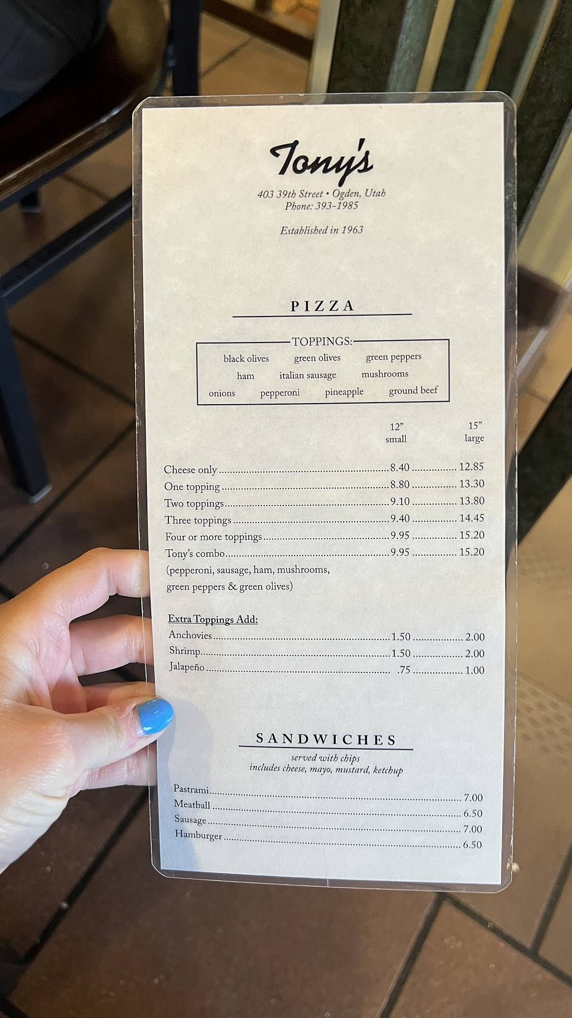 Menu at Tony's Pizza pizzeria, Ogden, 403 39th St