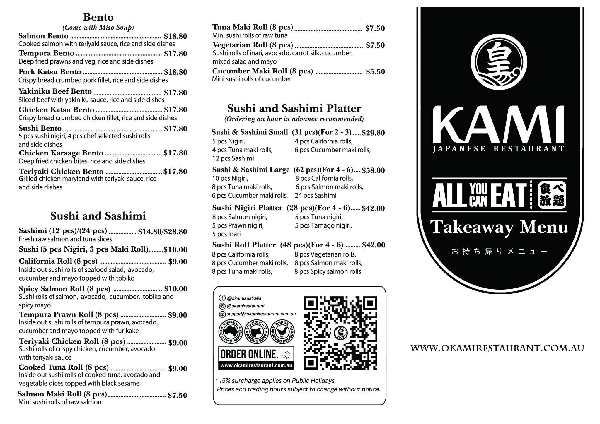 Carta de Okami Japanese Restaurant, Penrith