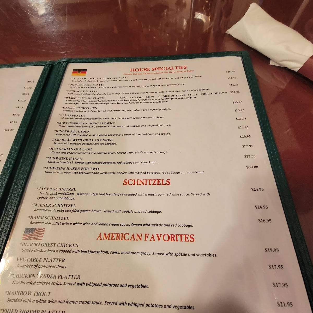 Menu at Old Bavaria Inn Restaurant, Helen