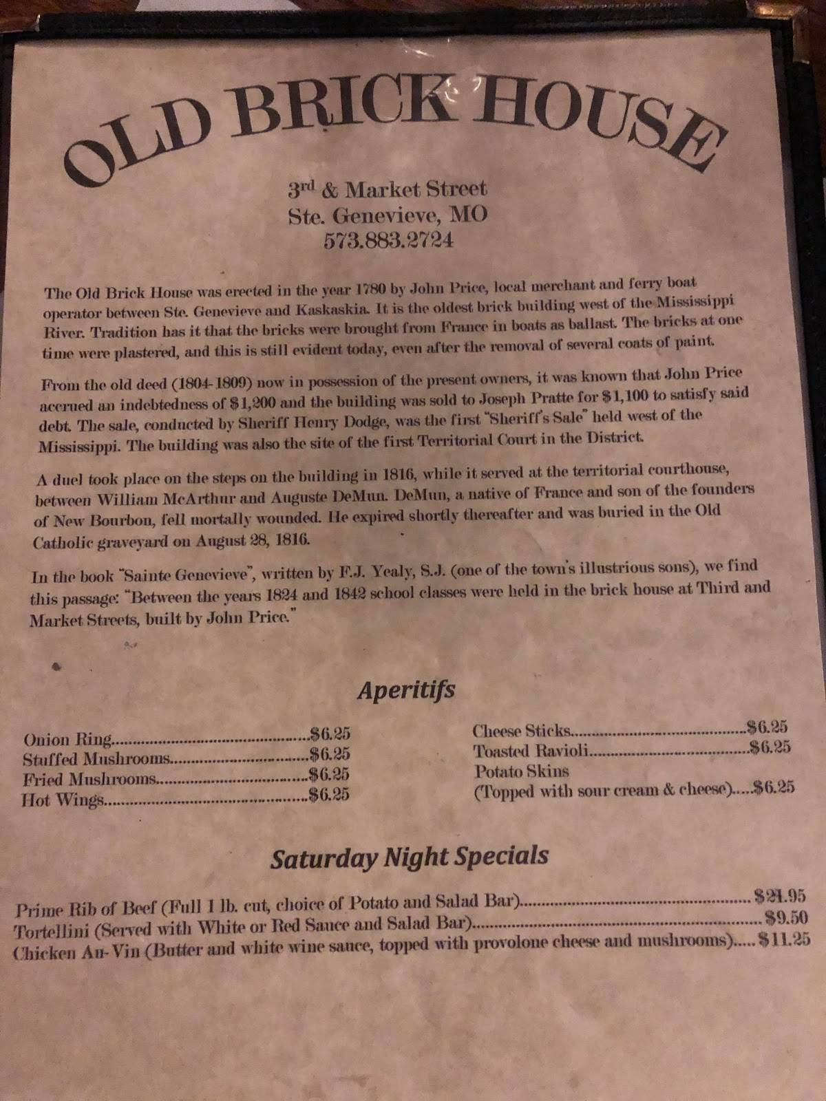 Menu at Old Brick House restaurant, Ste. Genevieve