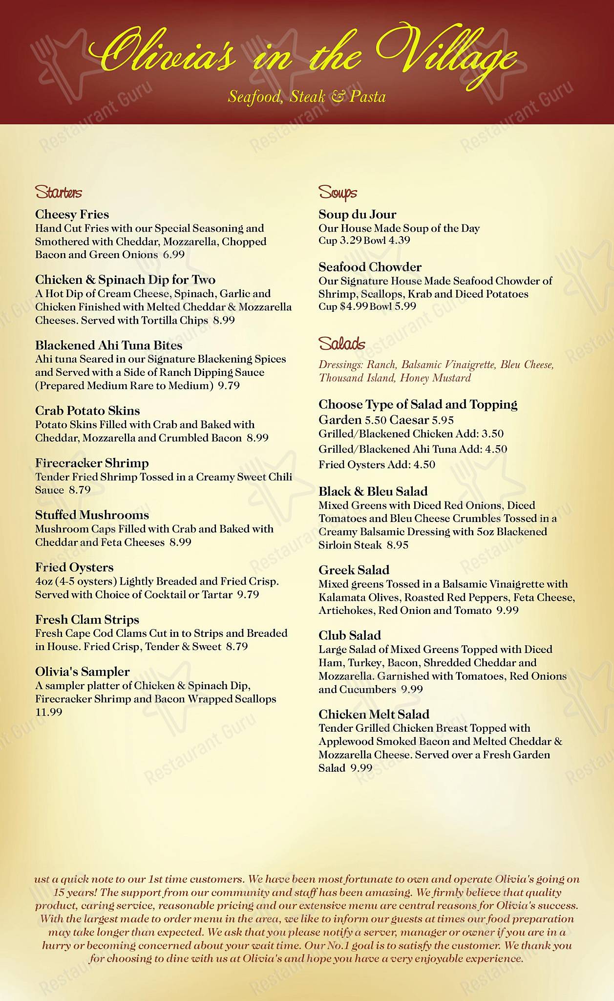 Menu at Olivia's In the Village restaurant, Gloucester