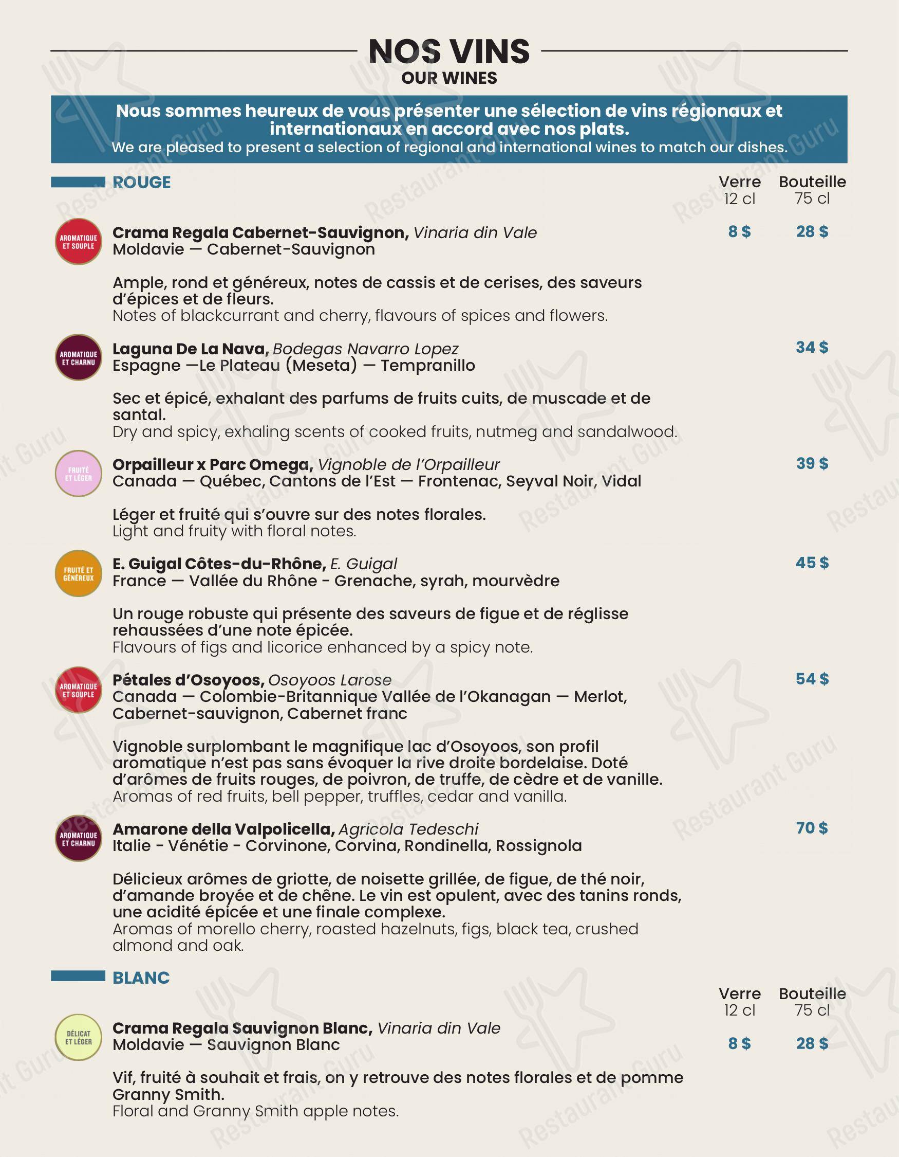 Menu au OmegaBon restaurant, Montebello