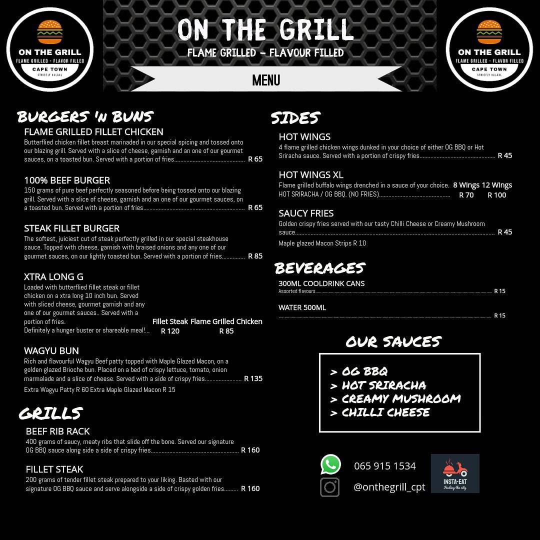 Menu at On The Grill restaurant, Cape Town