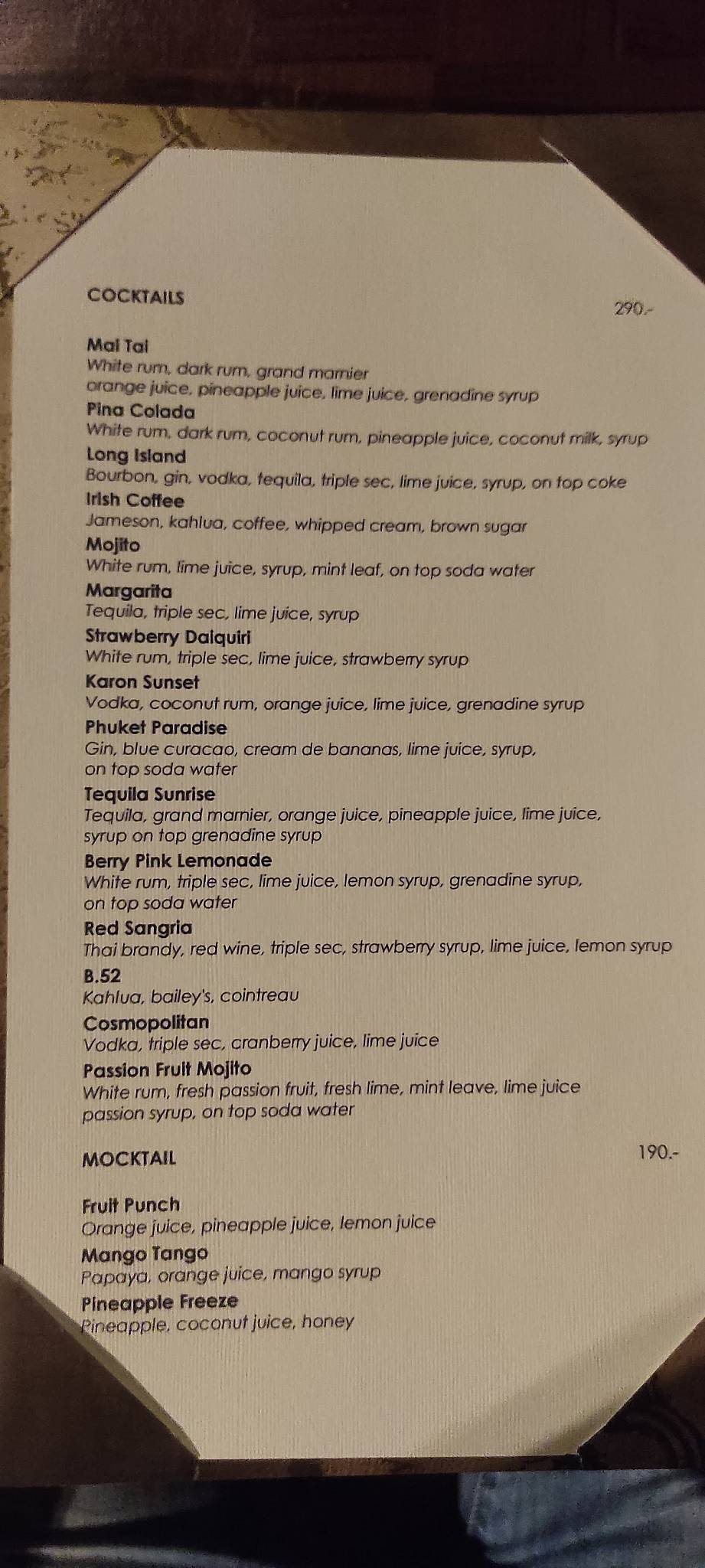 Menu at On The Rock Restaurant, Karon
