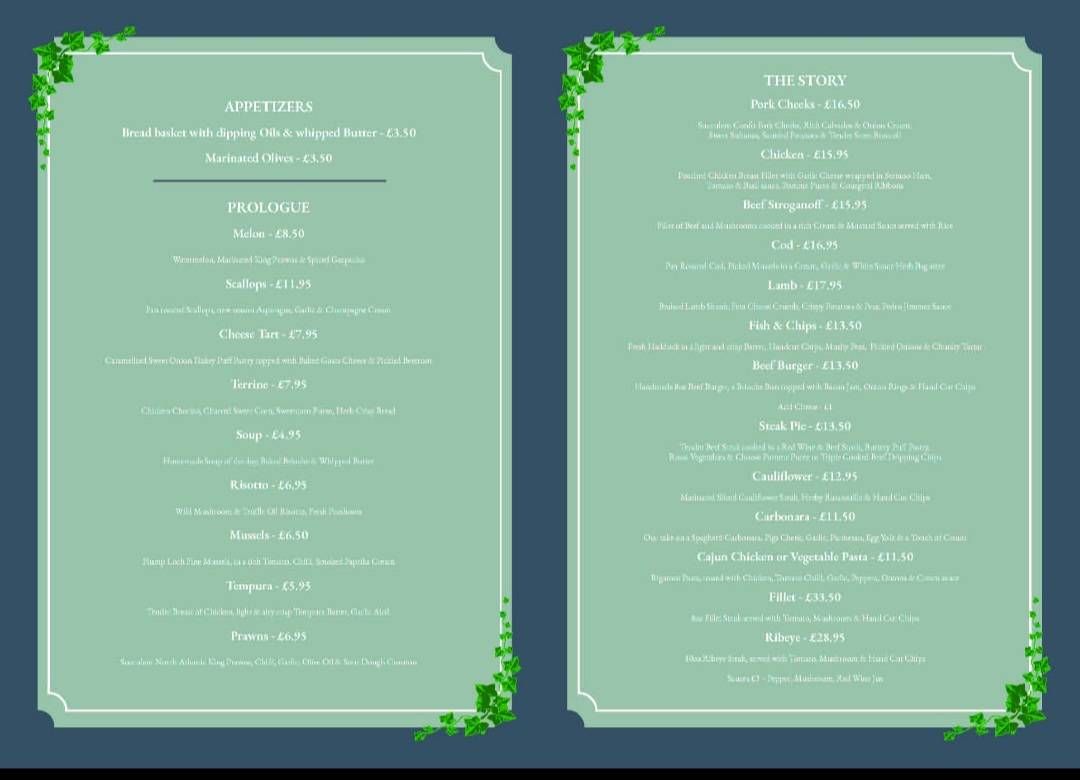 Menu at Once upon a Table restaurant, Glasgow