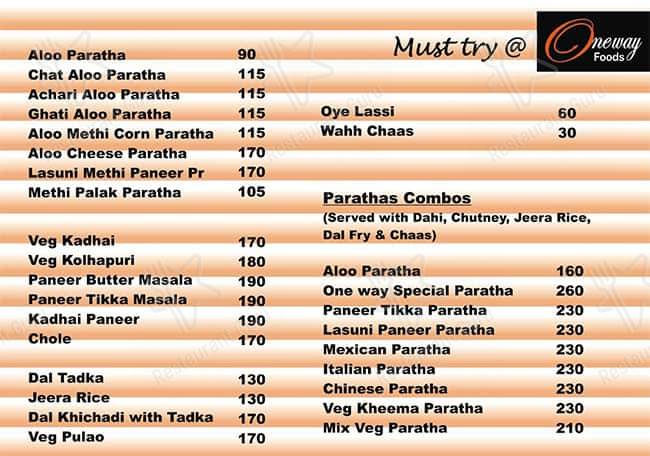 Menu at One Way Paratha, Pune