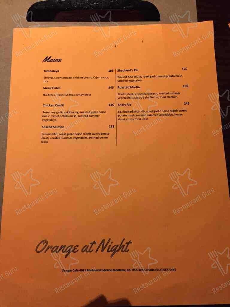 Menu au Orange Café, Montréal