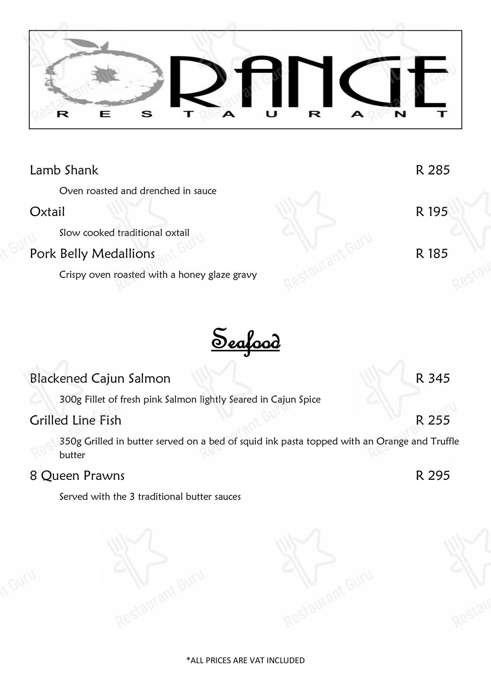 Menu at Orange Restaurant, Nelspruit