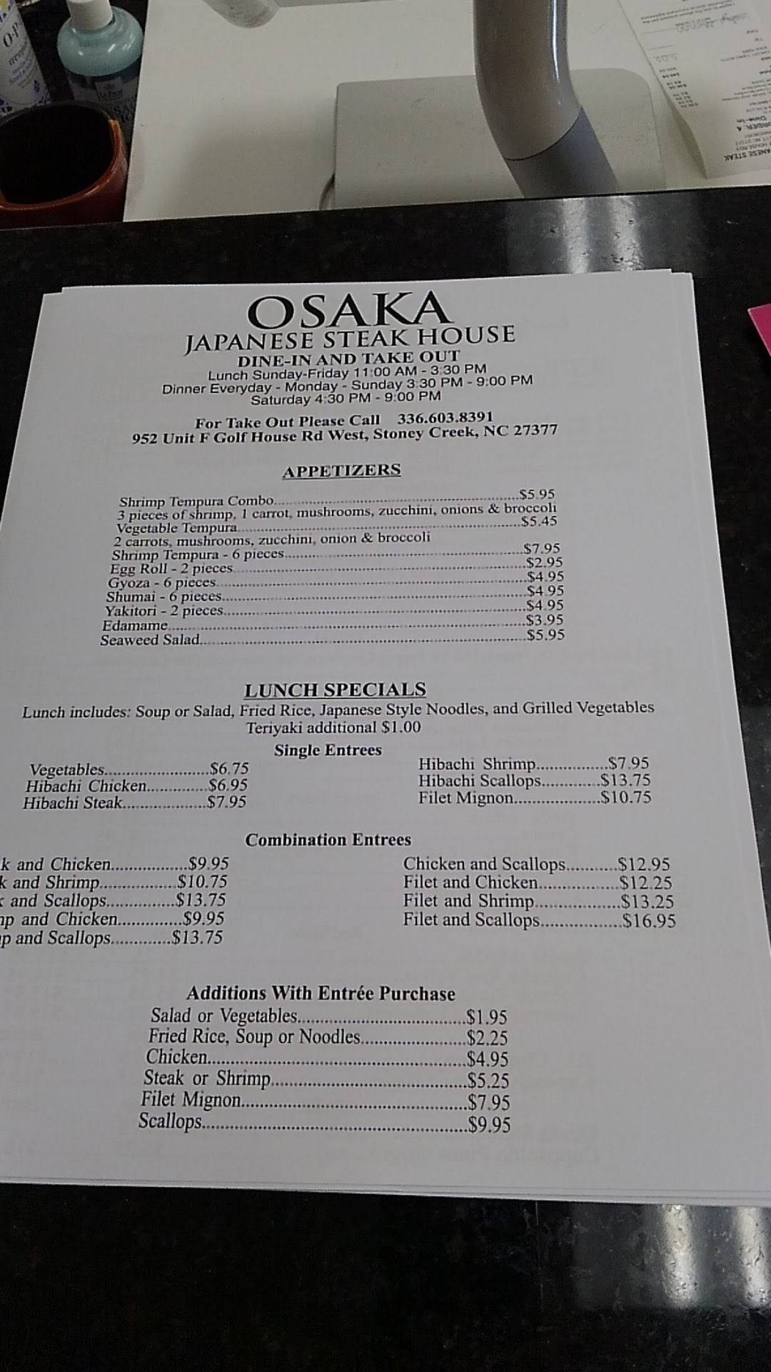 Menu at Osaka Japanese Steak House steakhouse, Whitsett