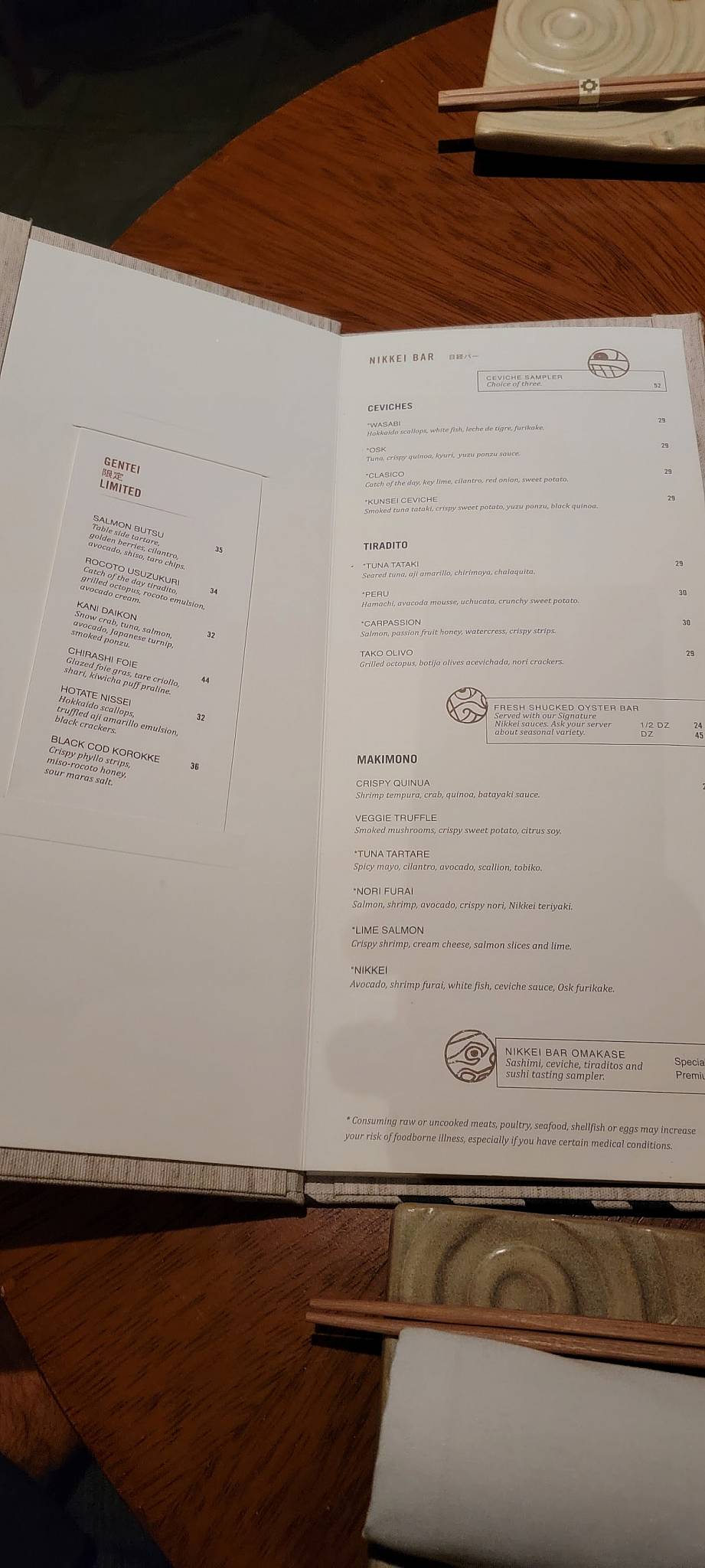 Menu at Osaka Miami restaurant, Miami