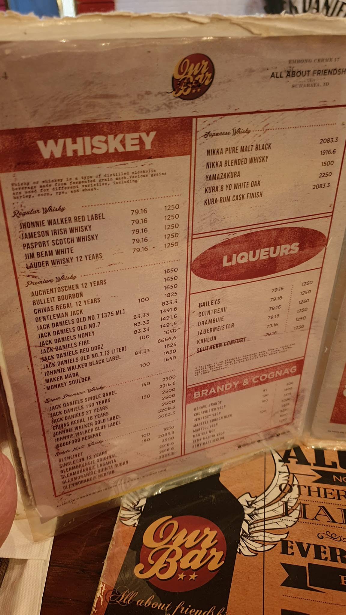 Menu at Our Bar, Surabaya