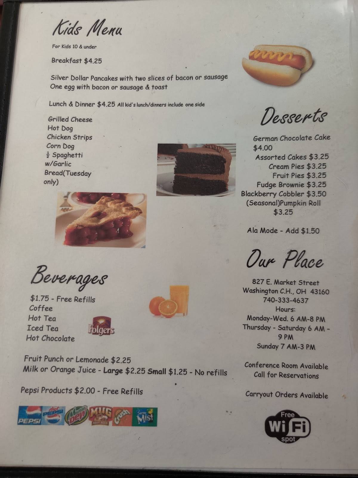Menu at Our Place Restaurant, Washington Court House