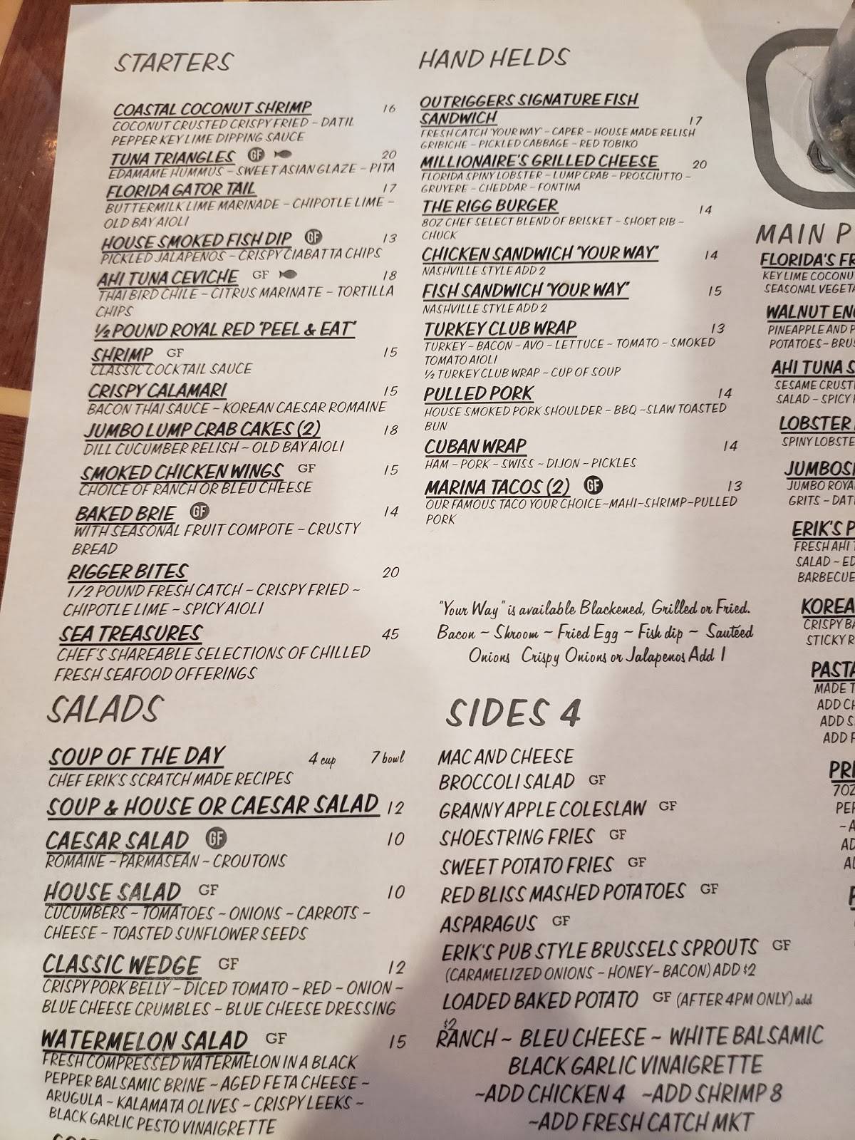 Menu at Outriggers Tiki Bar & Grille, New Smyrna Beach