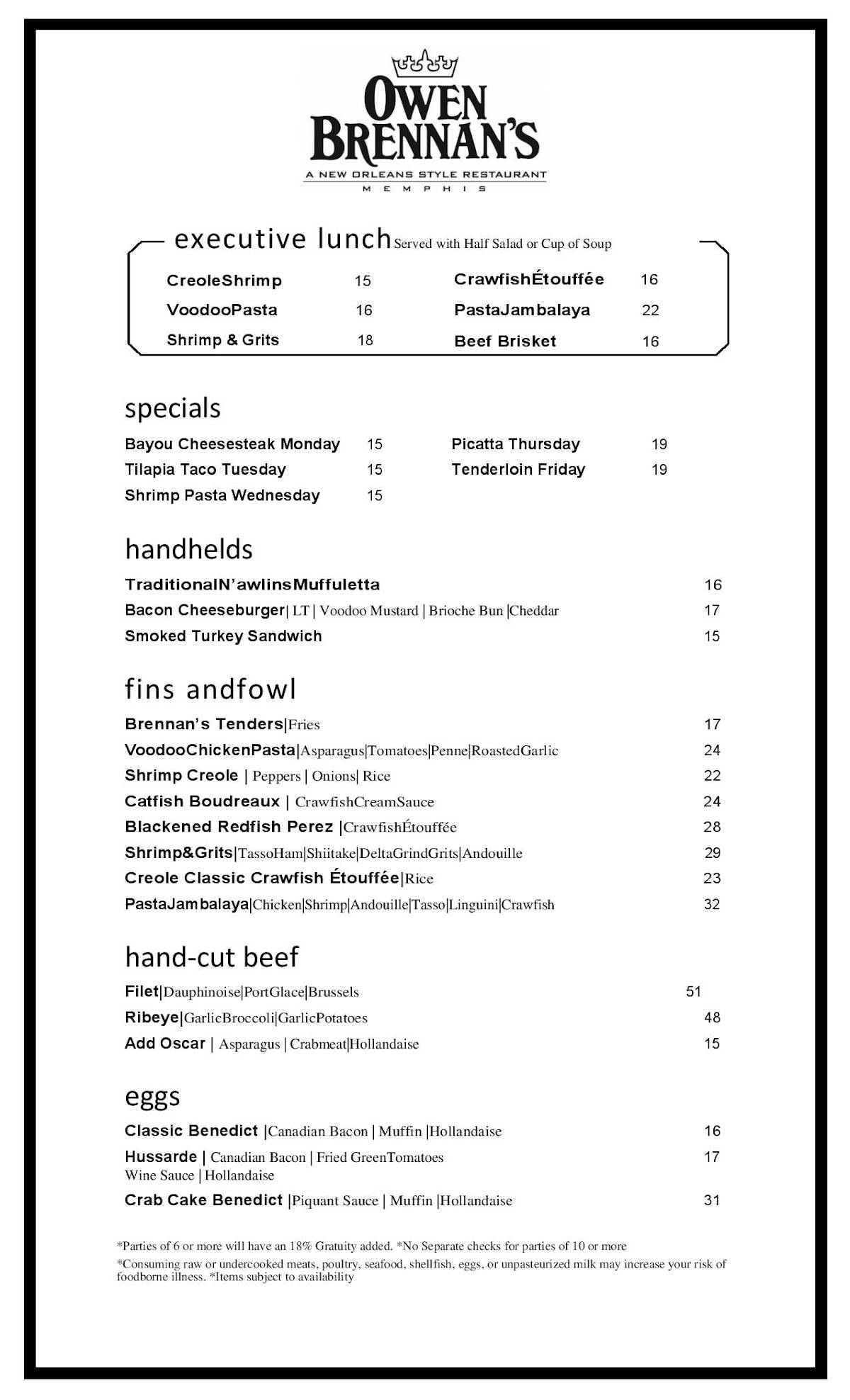 Menu at Owen Brennan's pub & bar, Memphis