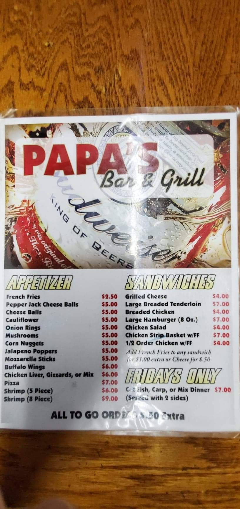 Menu at PaPa's Bar and Grill Montrose Iowa, Keokuk