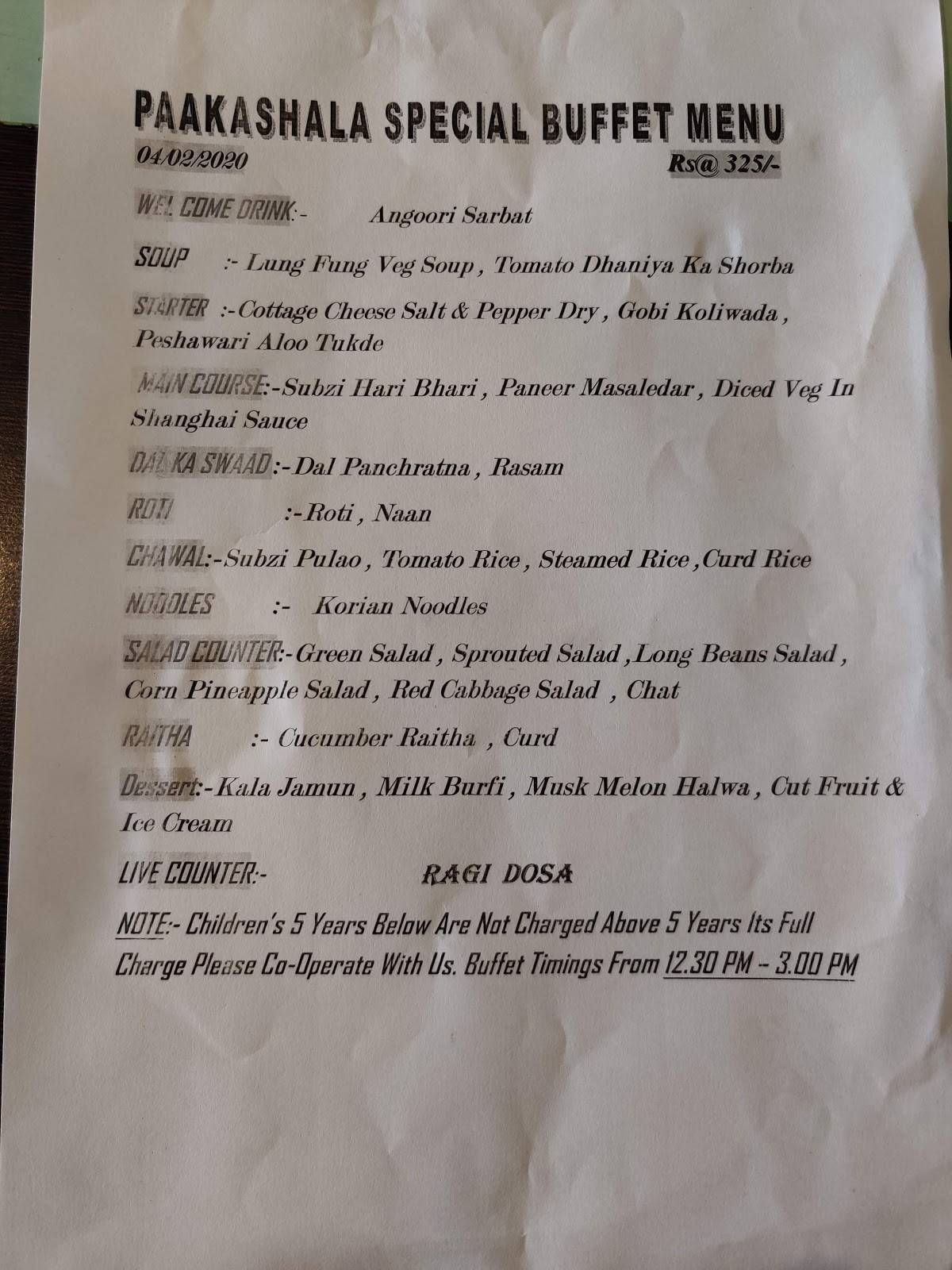 Menu at Paakashala @ Rajarajeshwari Nagar, Bengaluru, Ideal Home Township