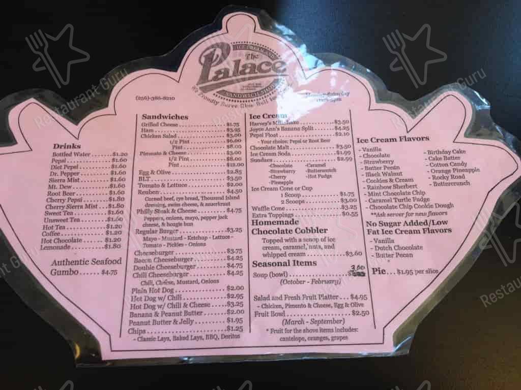 Menu at Palace Ice Cream & Sandwich restaurant, Tuscumbia