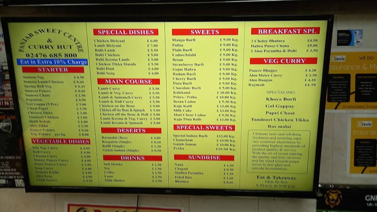 Menu at Panjab Sweet Centre and Indian curry hut restaurant, Coventry