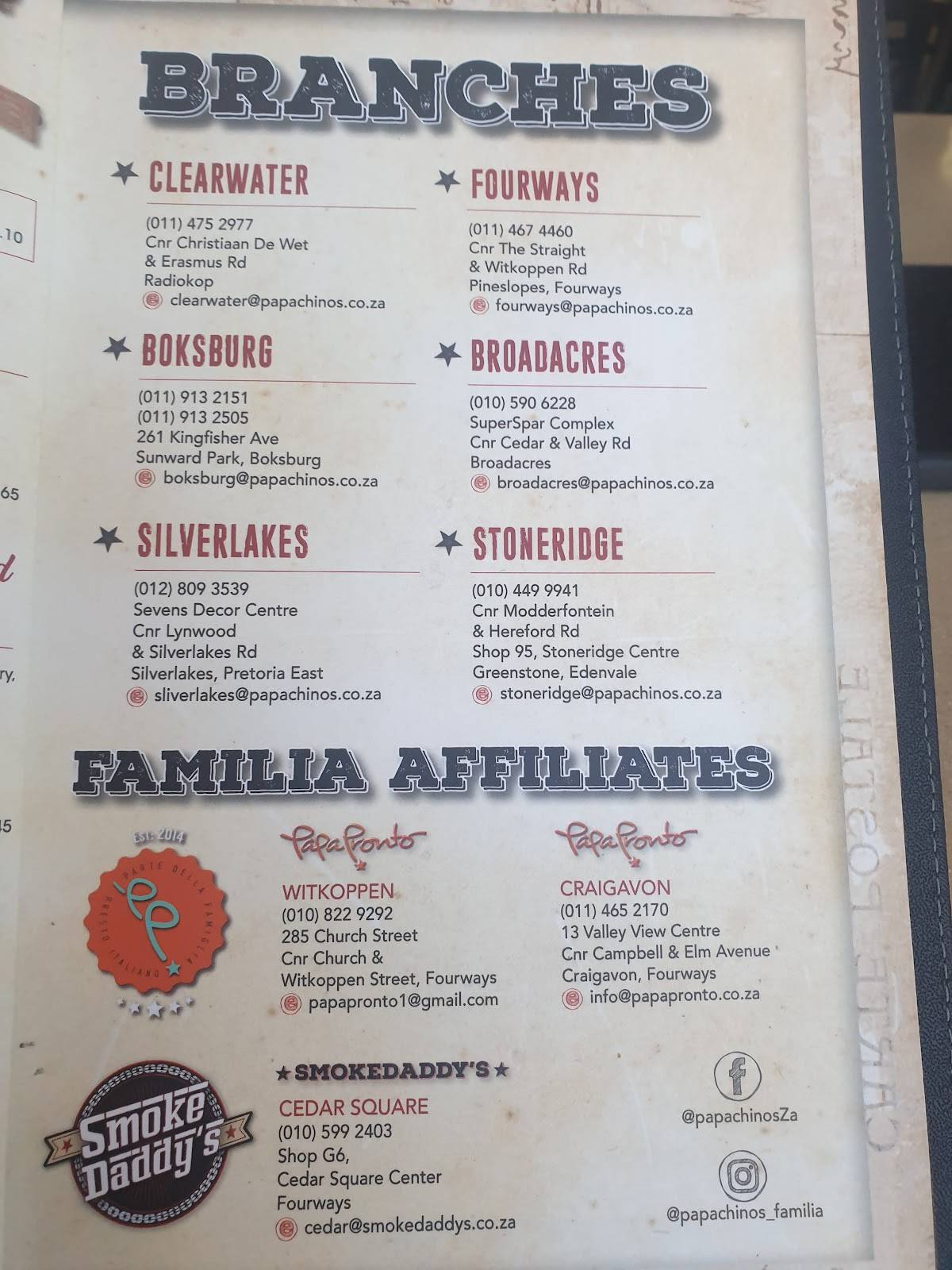 Menu at Papachinos Boksburg restaurant, Boksburg