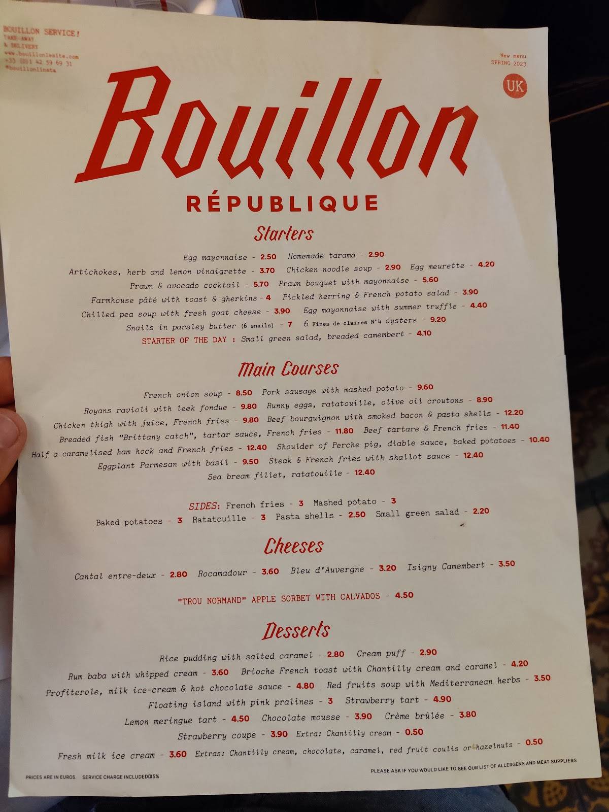 Menu au Bouillon République, Paris