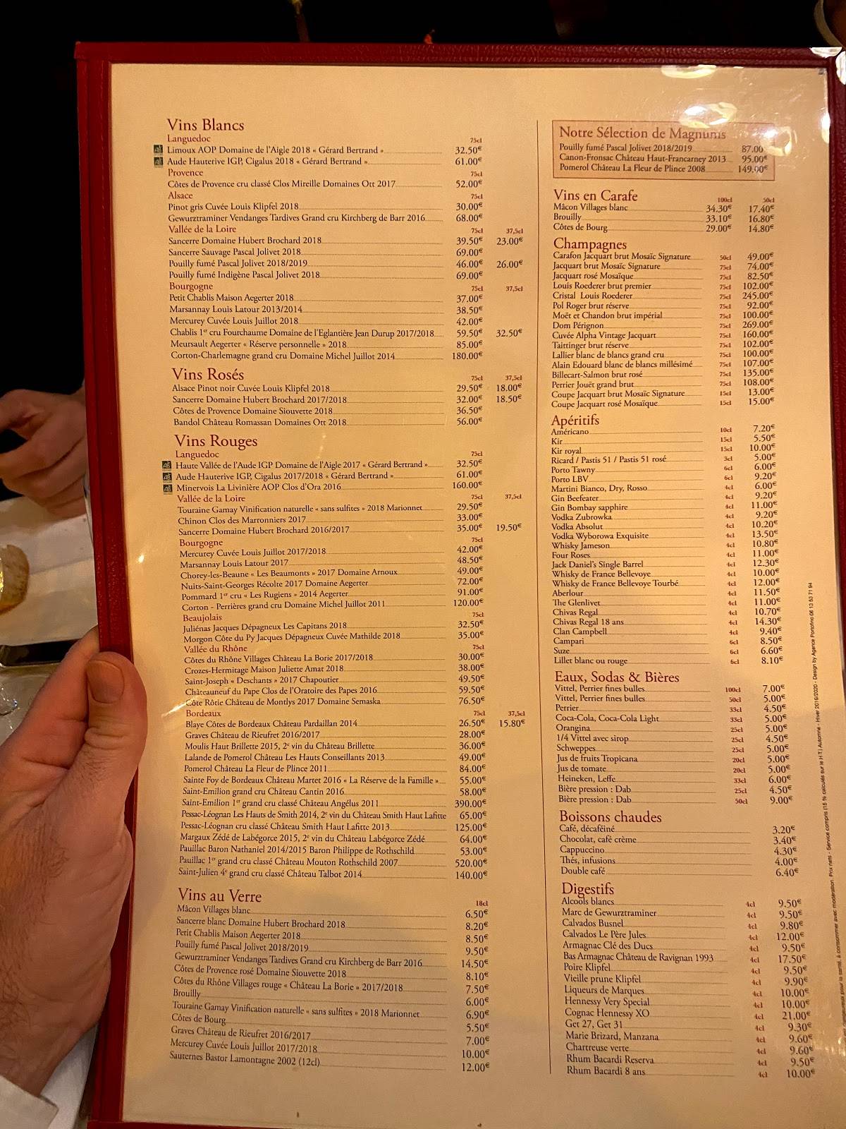 Menu at Chez André restaurant, Paris, 12 Rue Marbeuf