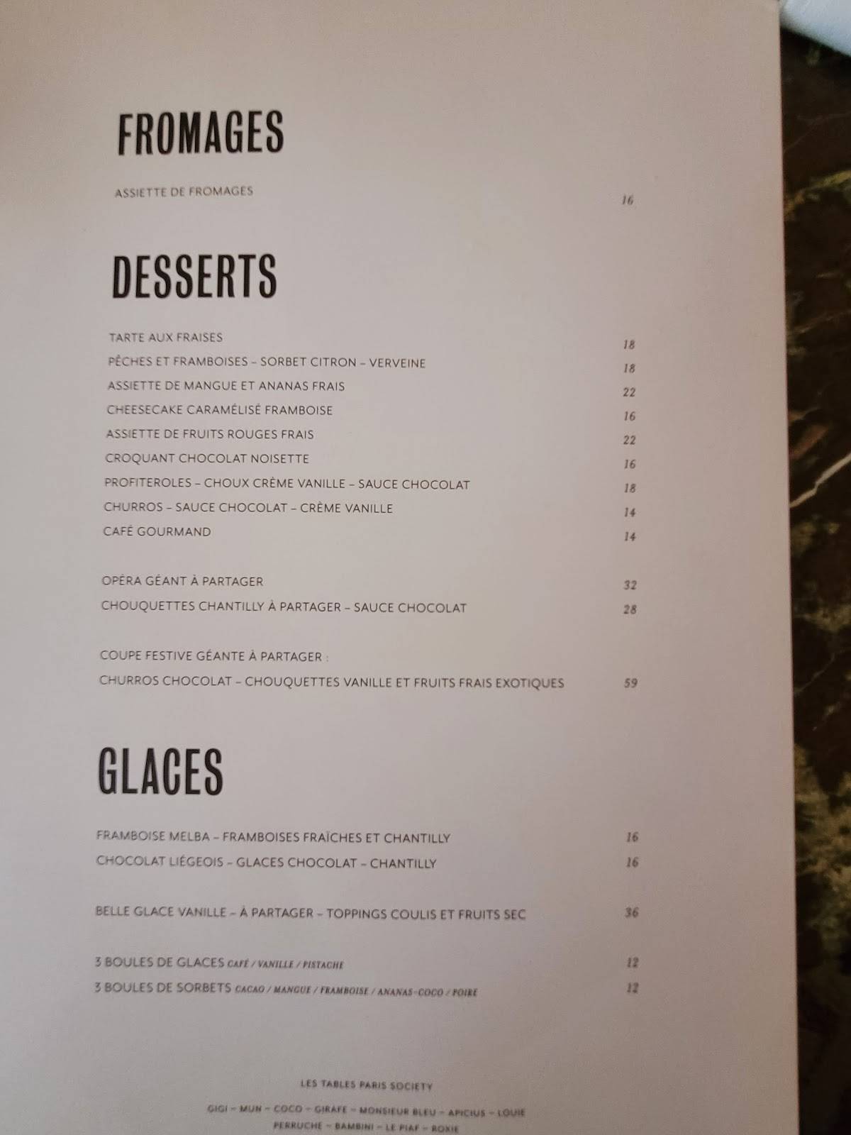 Menu at CoCo restaurant, Paris, Palais Garnier