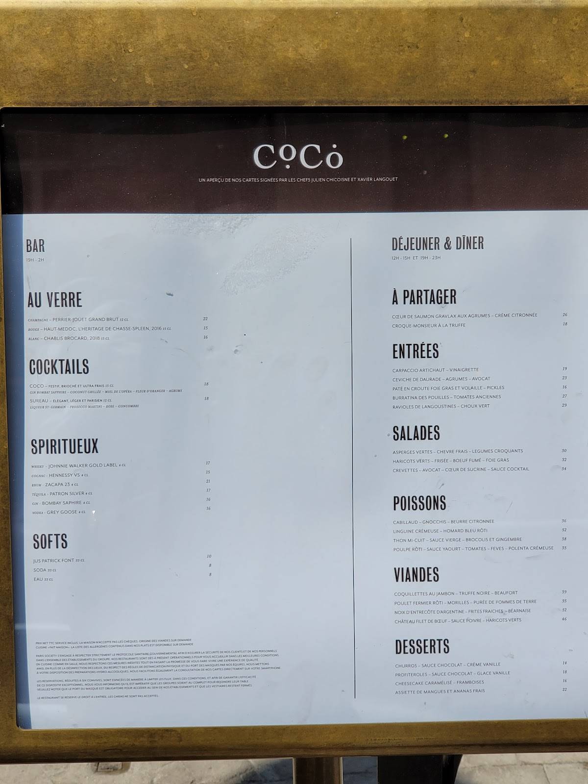 Menu at CoCo restaurant, Paris, Palais Garnier