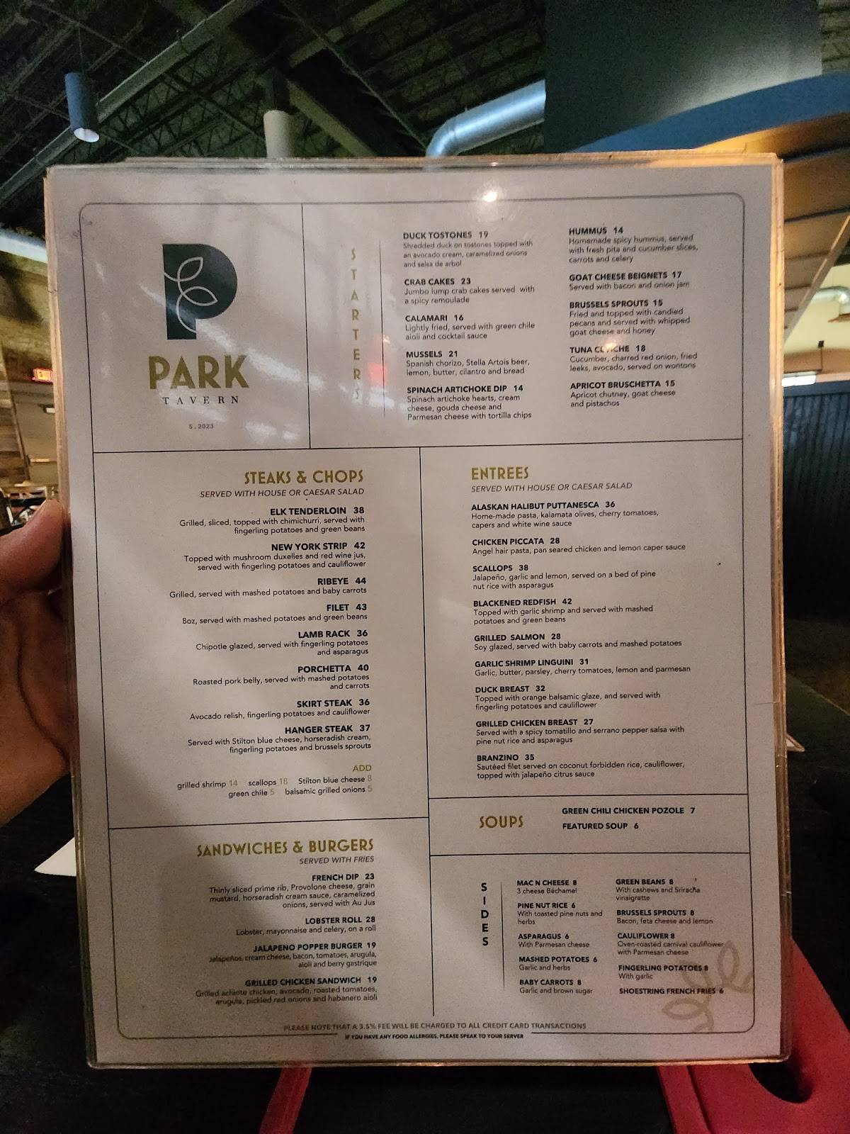 Menu at Park Tavern restaurant, El Paso