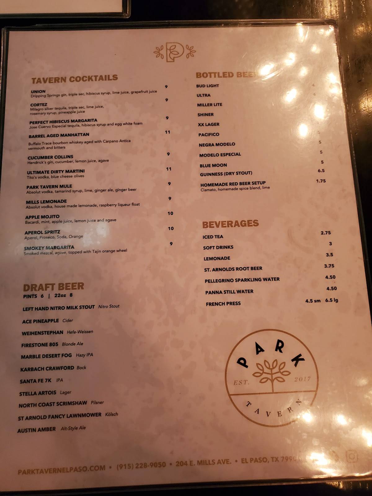 Menu at Park Tavern restaurant, El Paso
