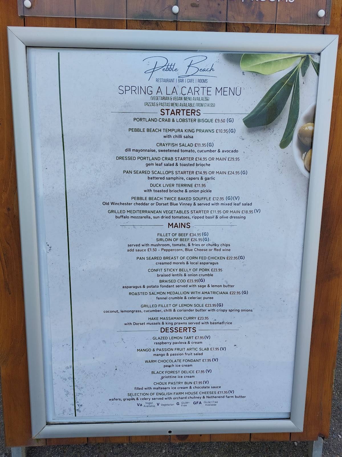 Menu at Pebble Beach Restaurant, Barton on Sea