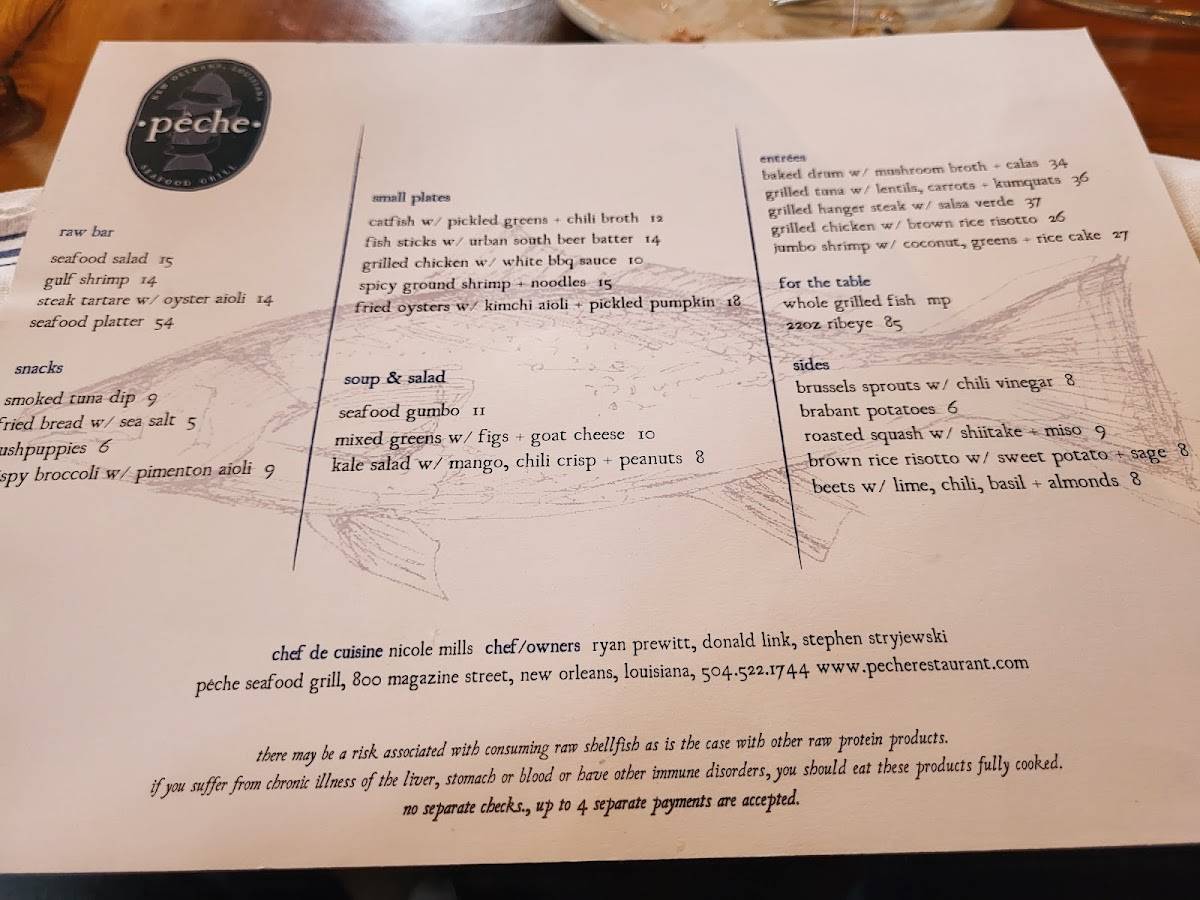 Menu at Pêche Seafood Grill restaurant, New Orleans