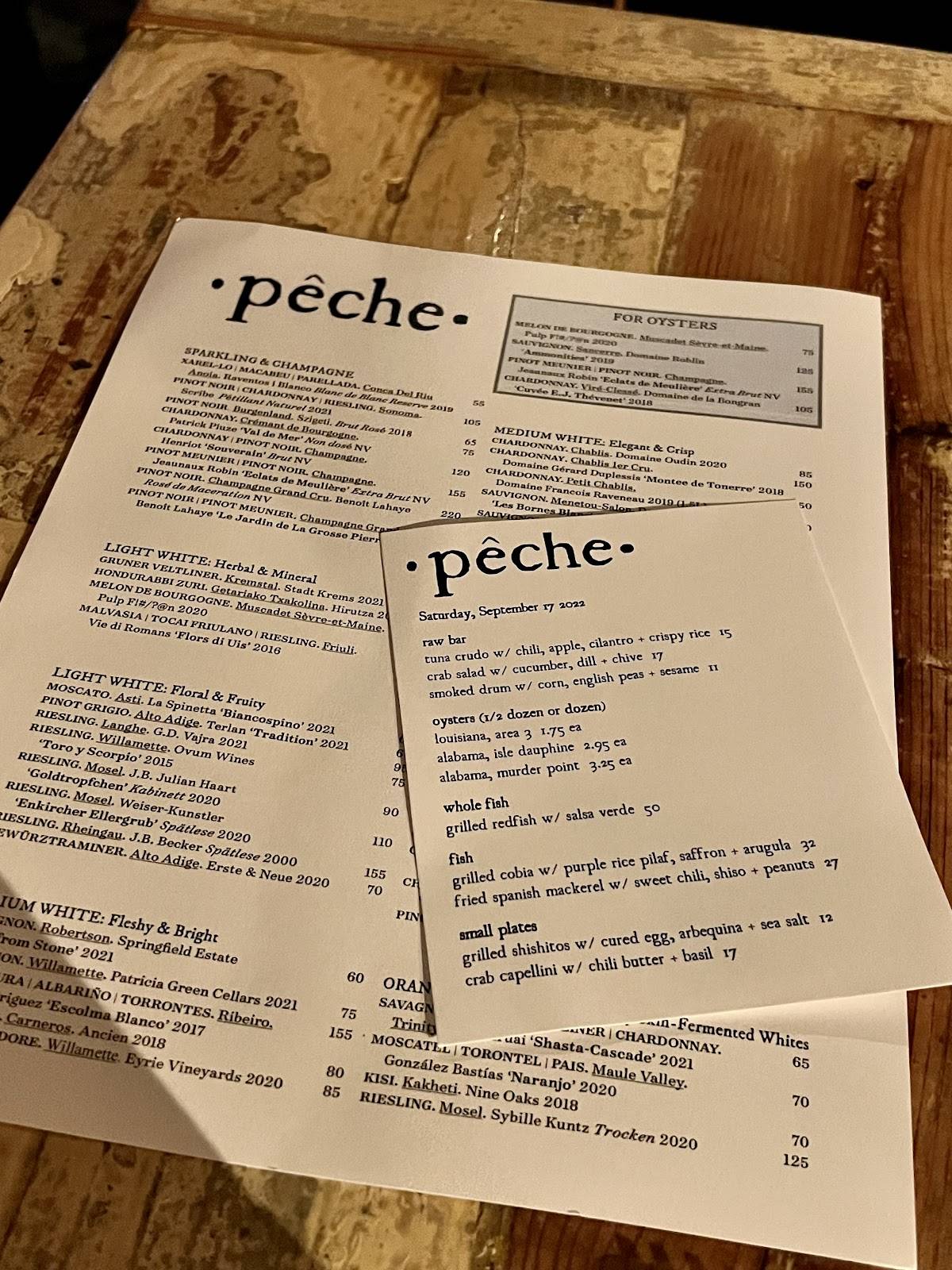 Menu at Pêche Seafood Grill restaurant, New Orleans