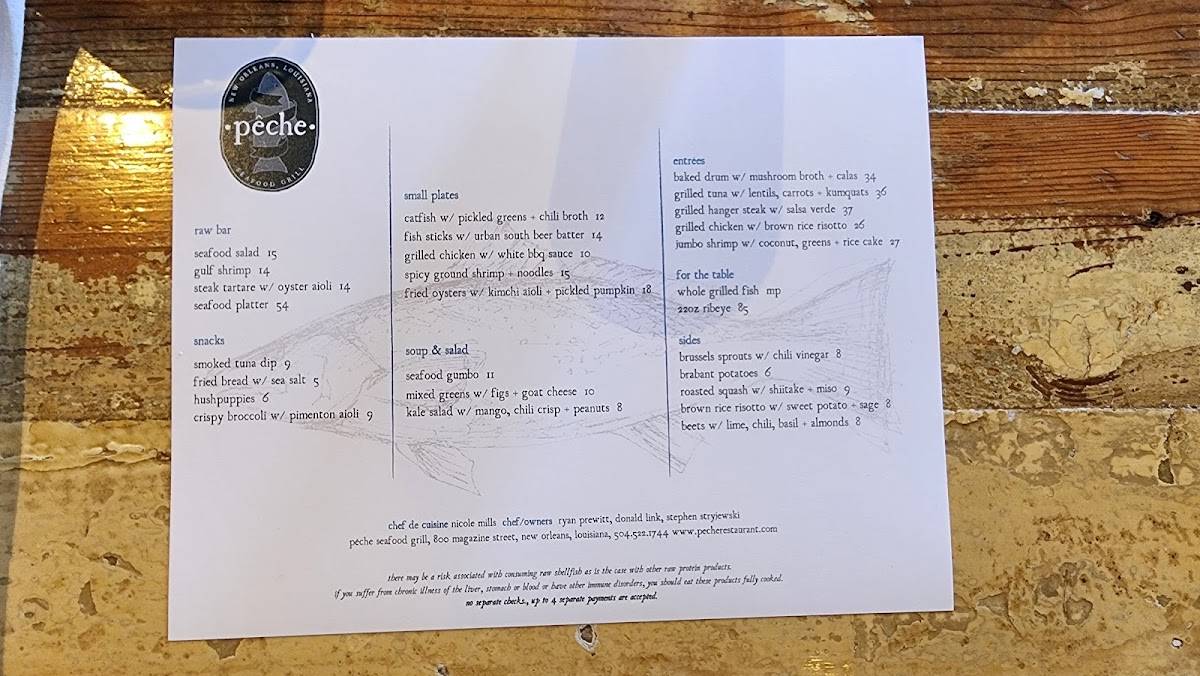 Menu at Pêche Seafood Grill restaurant, New Orleans