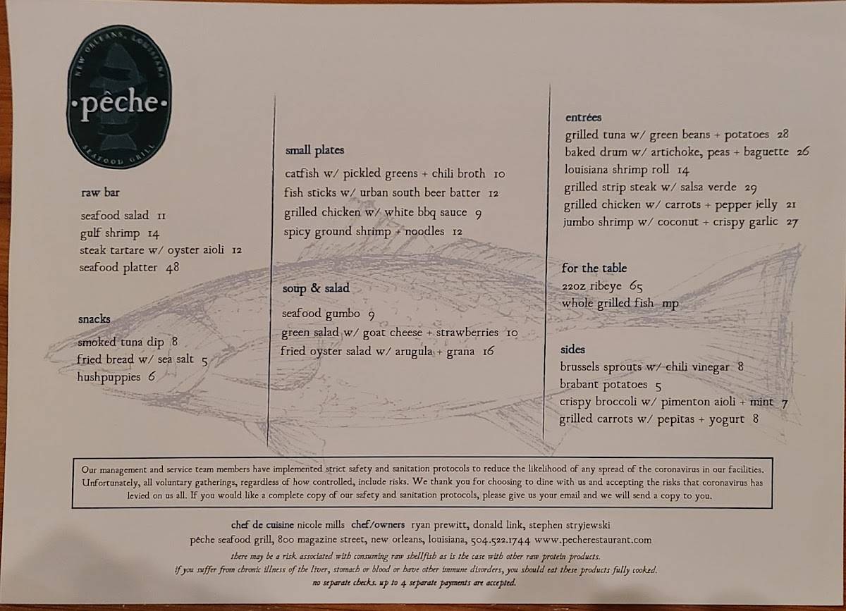 Menu at Pêche Seafood Grill restaurant, New Orleans