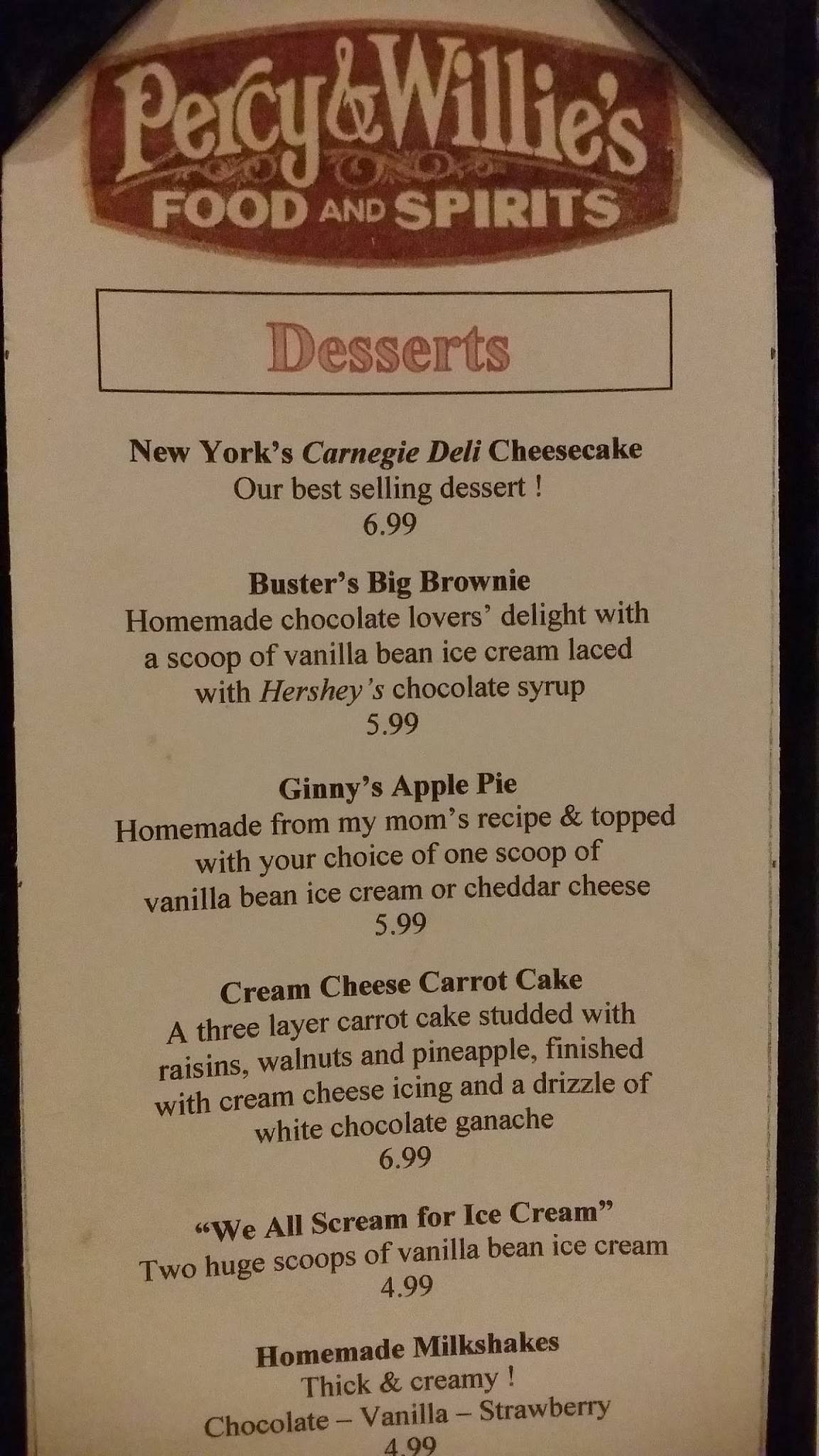 Menu at Percy & Willies restaurant, Florence, 130 Dunbarton Dr