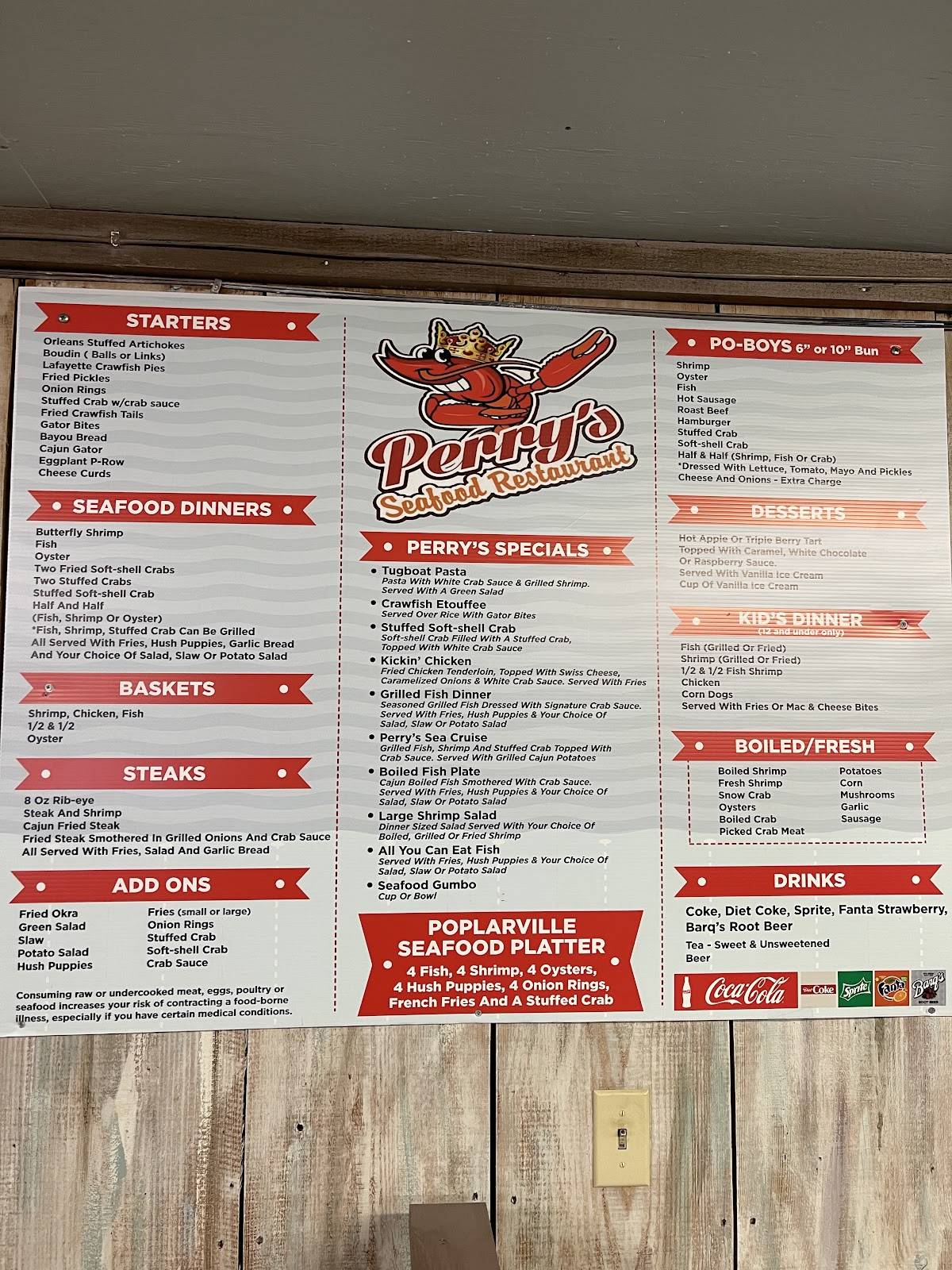 Menu at Perry's Seafood restaurant, Poplarville, 929 MS-26 West