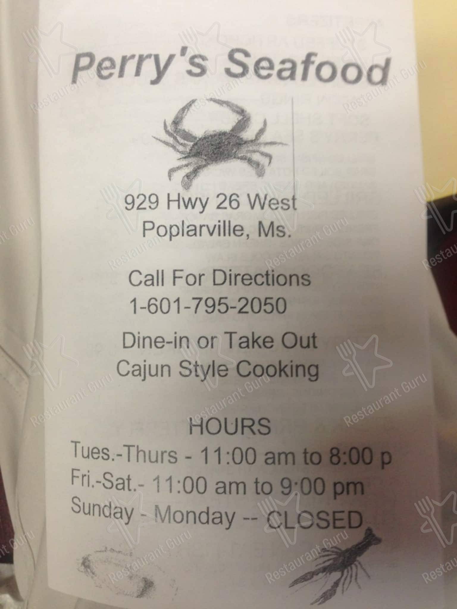 Menu at Perry's Seafood restaurant, Poplarville, 929 MS-26 West
