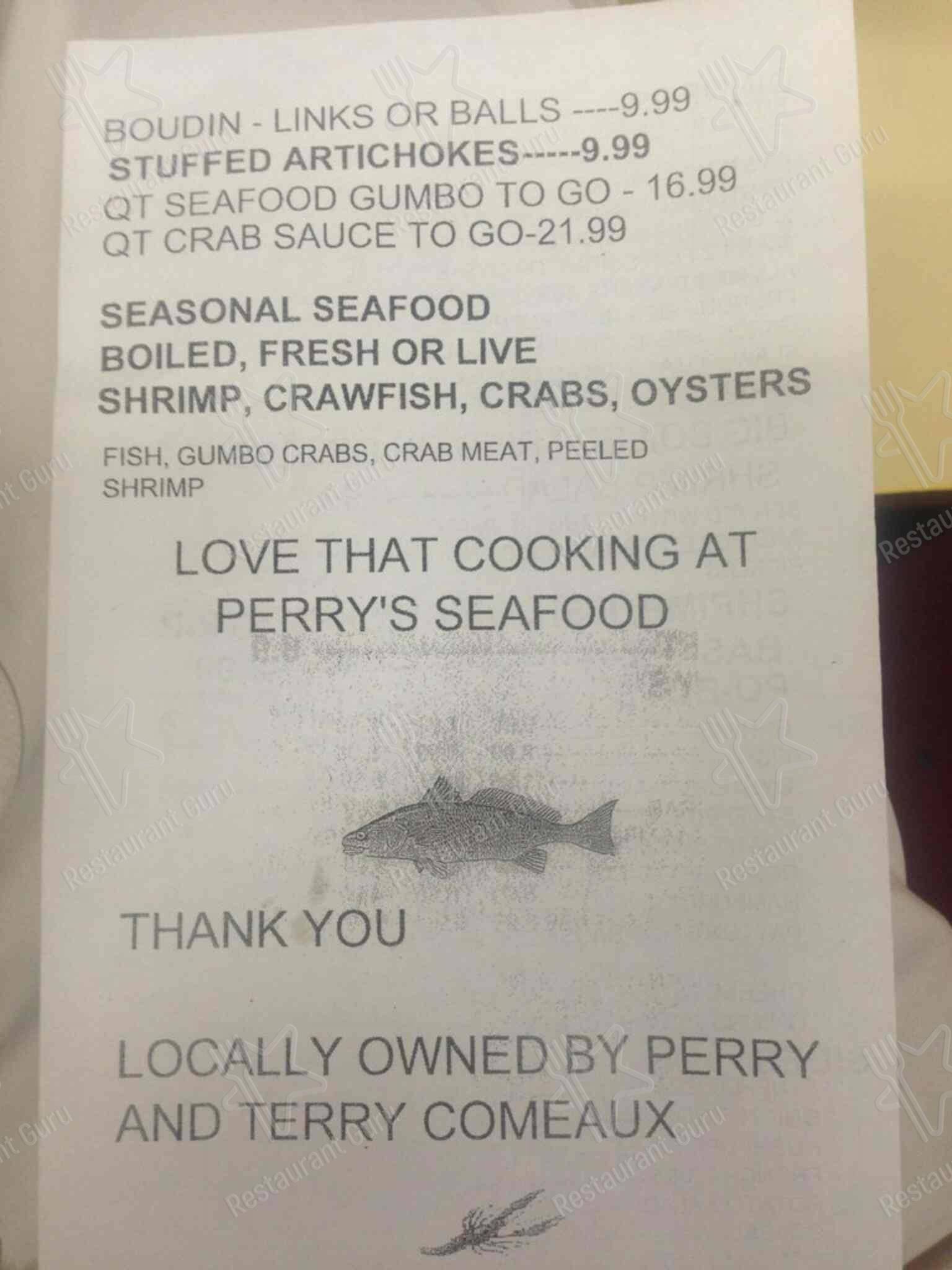 Menu at Perry's Seafood restaurant, Poplarville, 929 MS-26 West