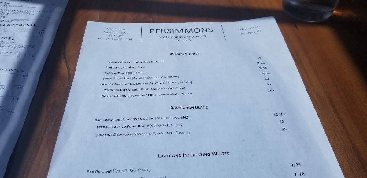 Menu at Persimmons Waterfront Restaurant, New Bern