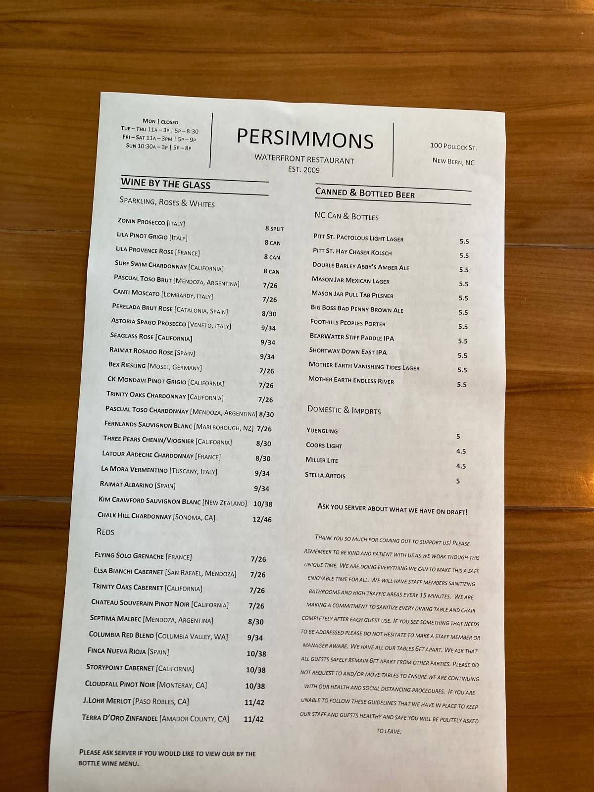 Menu at Persimmons Waterfront Restaurant, New Bern