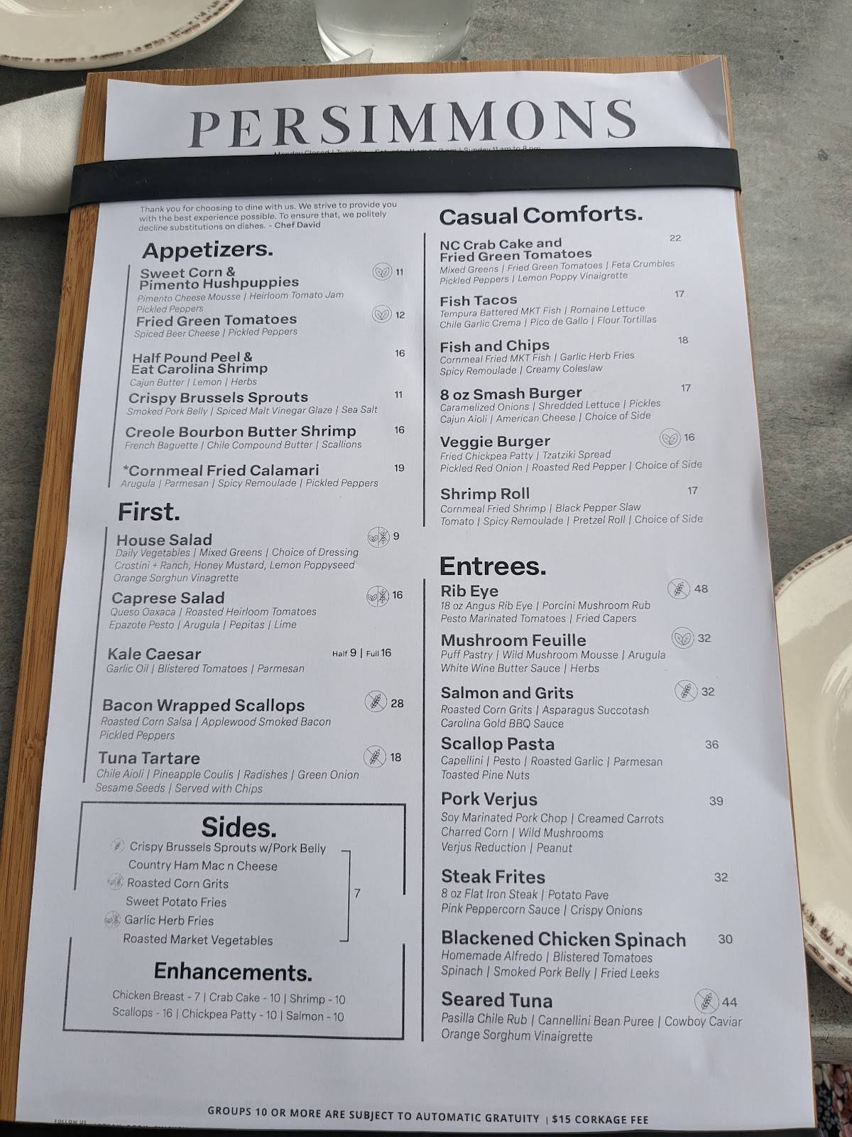 Menu at Persimmons Waterfront Restaurant, New Bern