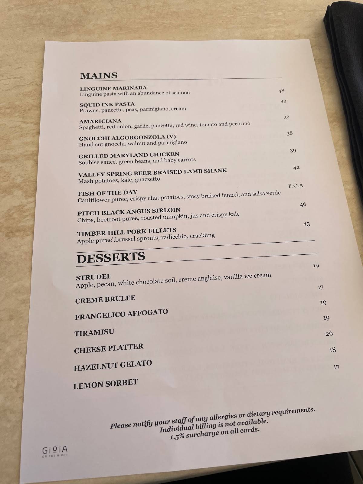 Menu at Gioia On The River restaurant, East Perth