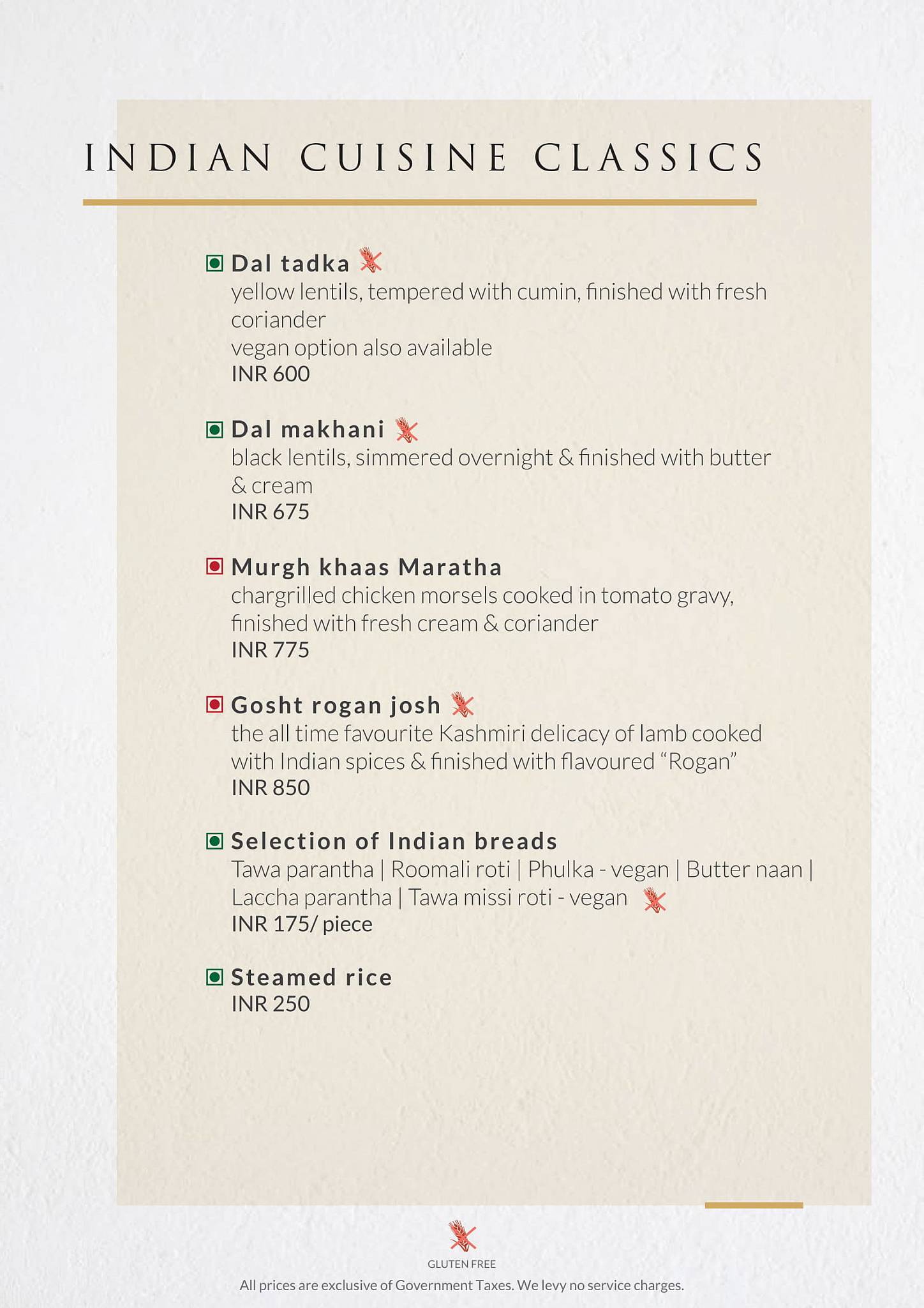 Menu at Peshwa Pavilion, Mumbai