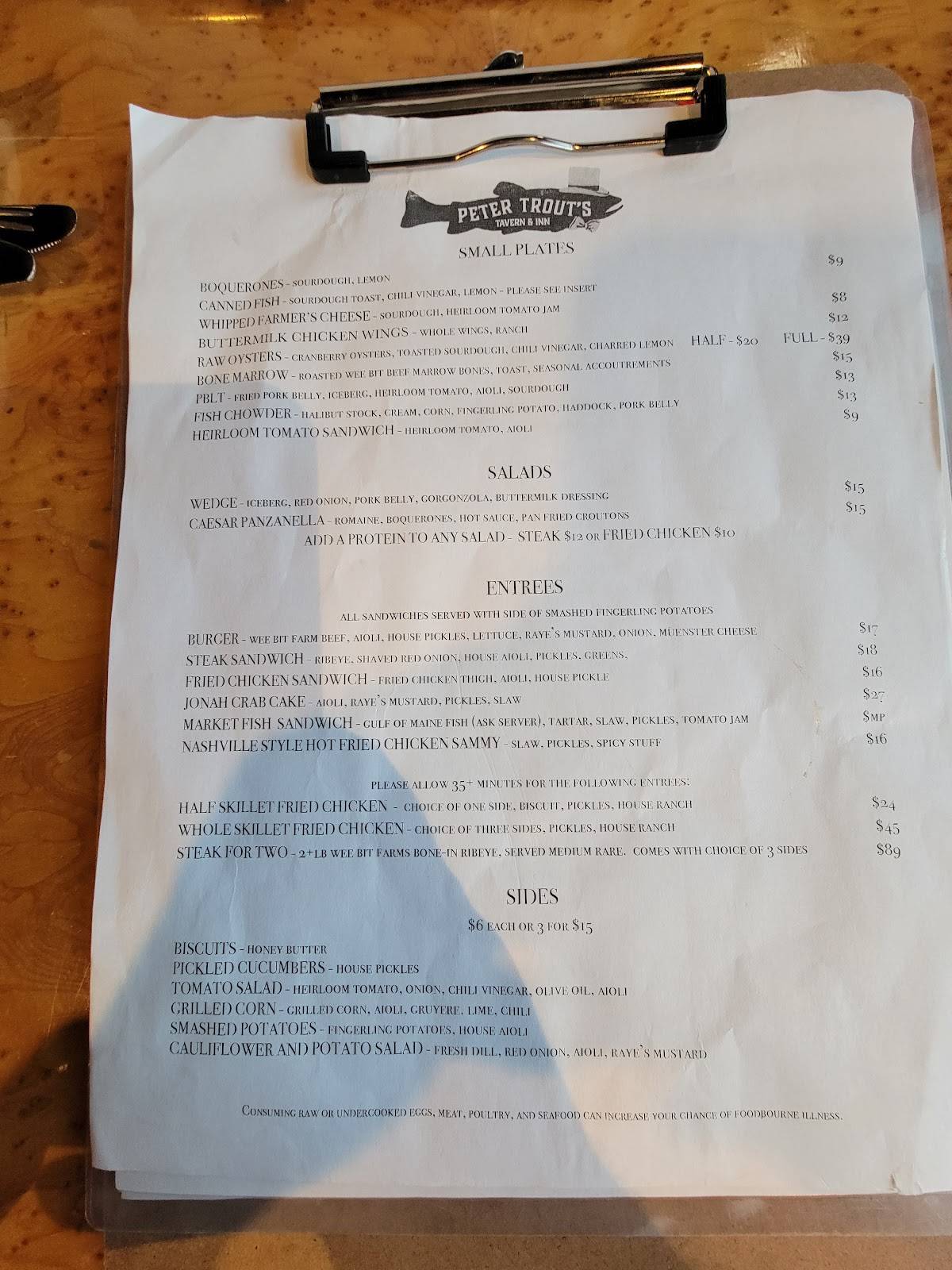 Menu at Peter Trout's Tavern and Inn restaurant, Southwest Harbor