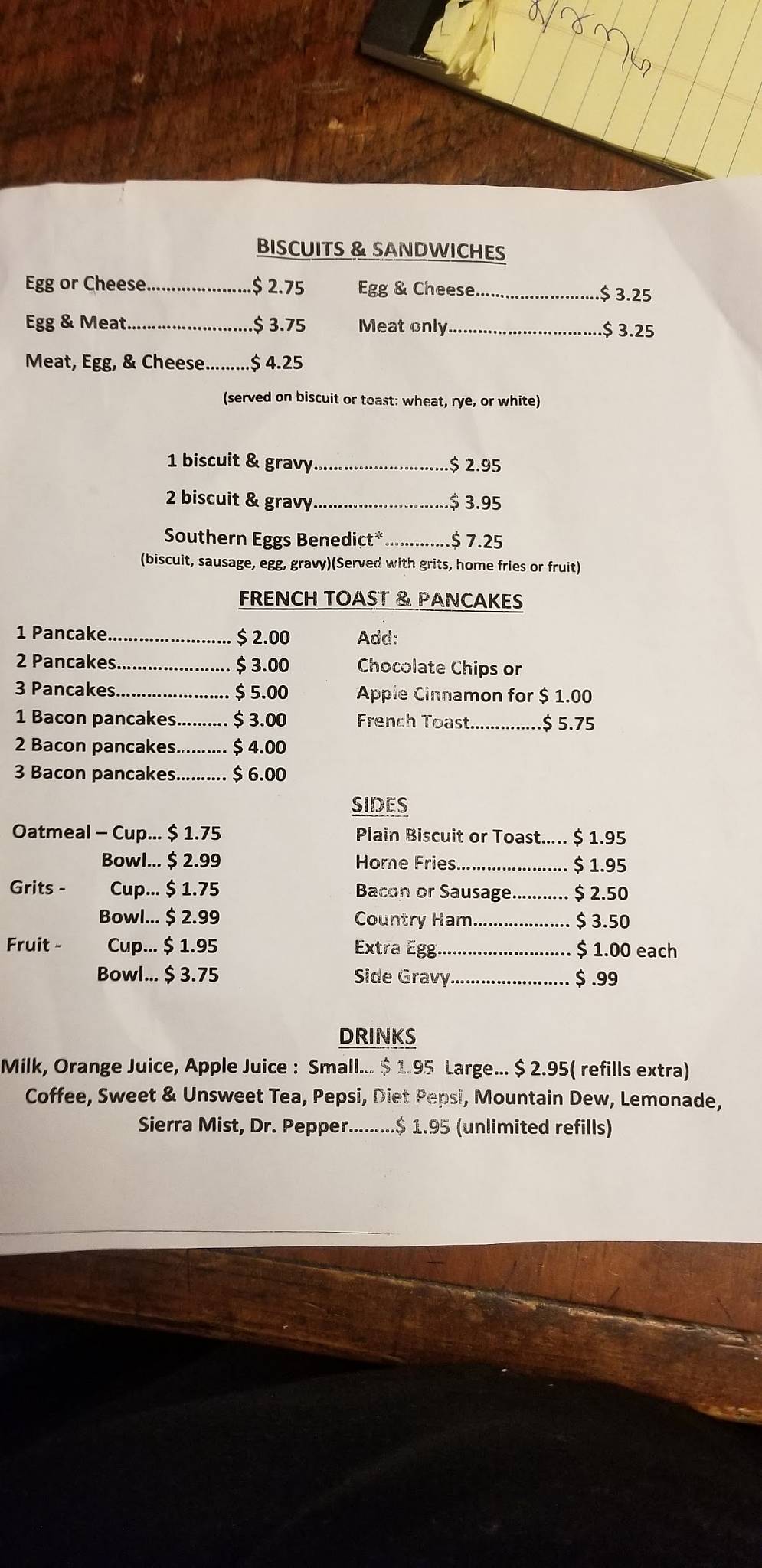 Menu at Pete's Place restaurant, Blue Ridge, E 1st St
