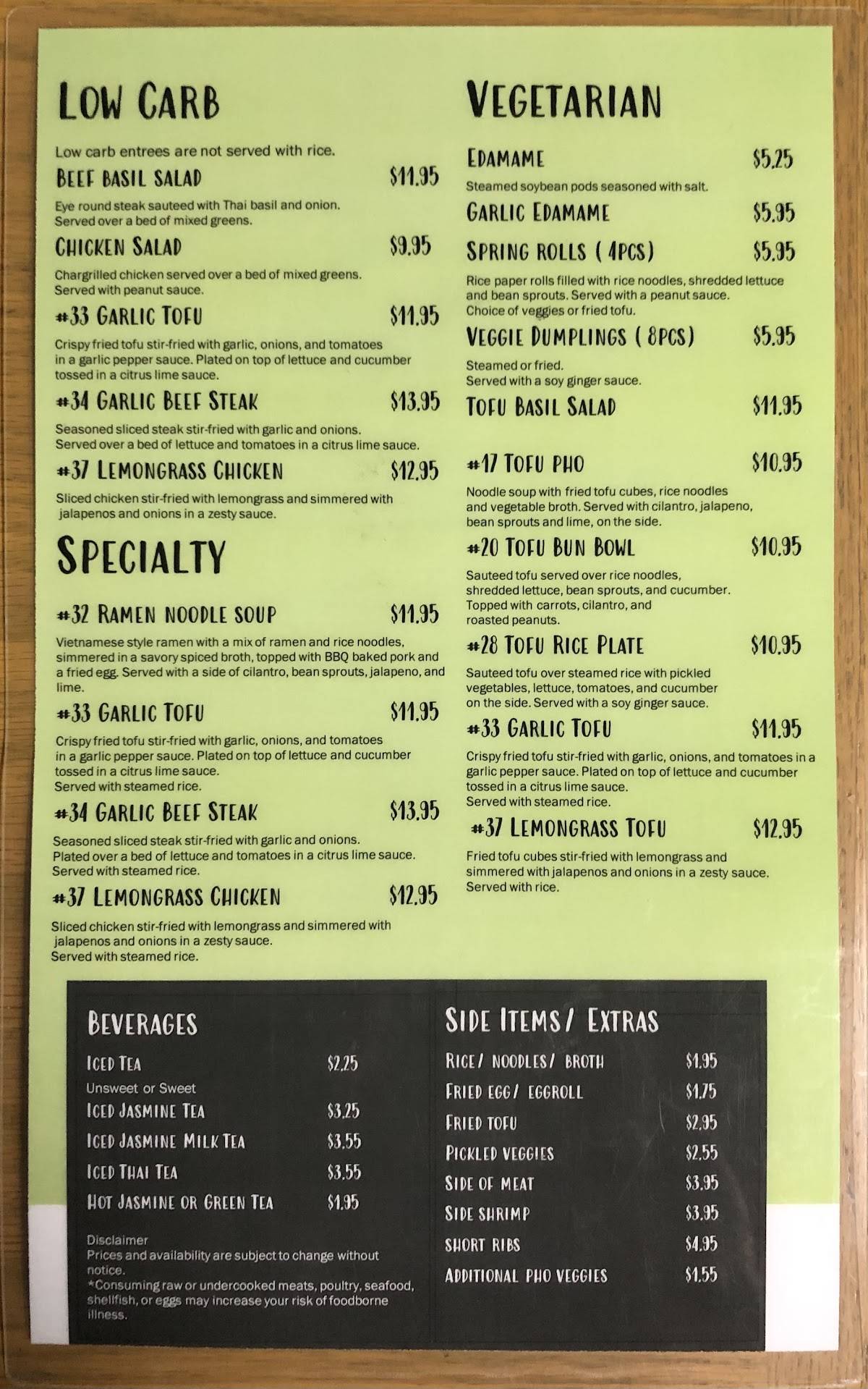 Menu at Pho Life restaurant, Corpus Christi