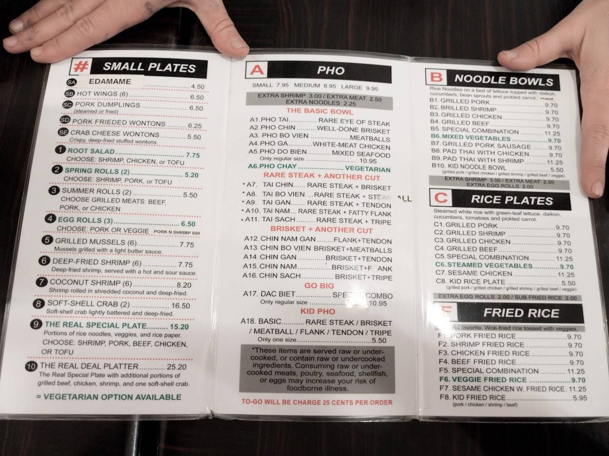 Menu at Pho Real restaurant, Littleton