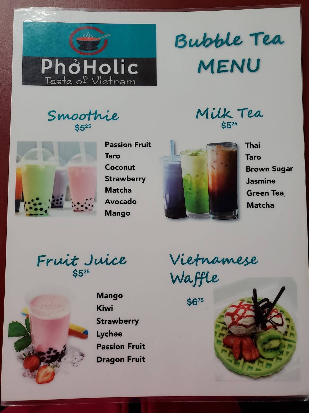 Menu at PhởHolic Taste of Vietnam restaurant, Duluth